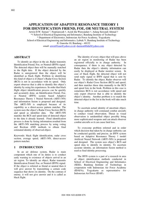 Pdf Application Of Adaptive Resonance Theory 1 For Identification Friend Foe Or Neutral System