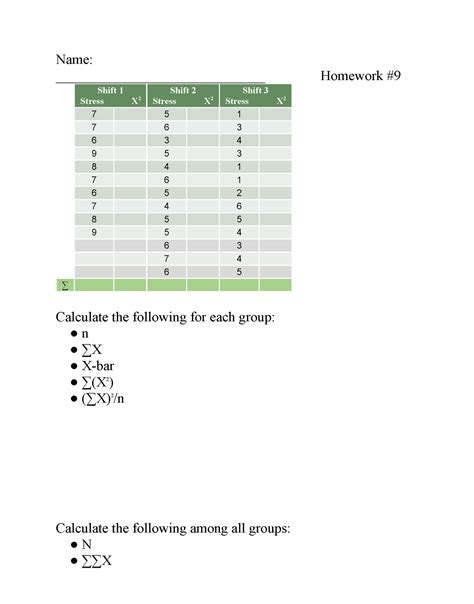 Stats Homework 9 Name Homework Shift