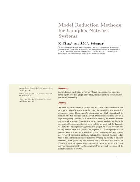 Pdf Model Reduction Methods For Complex Network Systems