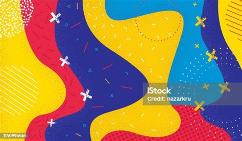 80s90 년대 스타일의 추상 팝 아트 색상 배경입니다 벡터 일러스트 레이 션 다채로운 반점 패턴입니다 밝은 빨간색 노란색 및 파란색 페인트 스플래시 0명에 대한 스톡 벡터