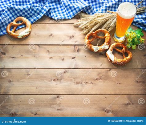 Oktoberfest Background With Bavarian Flag Beer Glass And Pretzel Stock