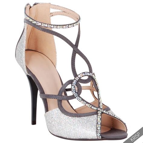 Womens Glitter Peep Toe Evening High Heel Sandals Ankle Strap Court