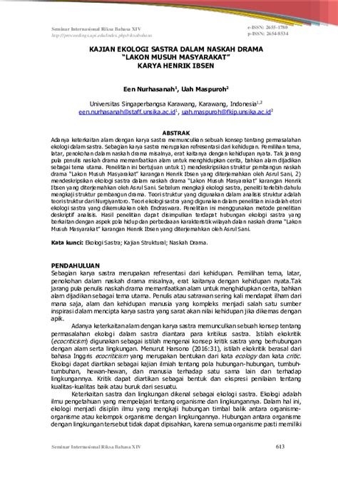 Pdf Kajian Ekologi Sastra Dalam Naskah Drama Lakon Musuh Masyarakat