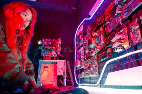 Asian Woman Wearing A Black Jacket Hacking Programming System Check Hacking Stock Image Image