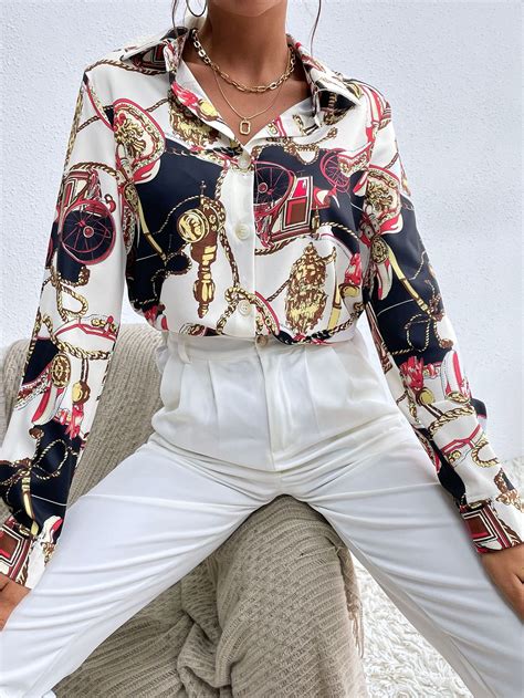 Chain Print Curved Hem Blouse