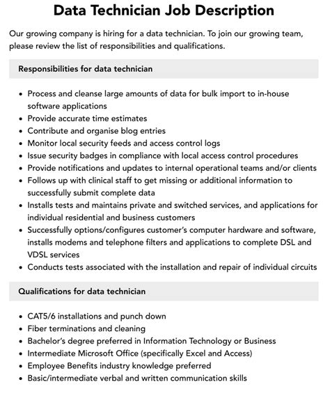 Data Technician Job Description Velvet Jobs