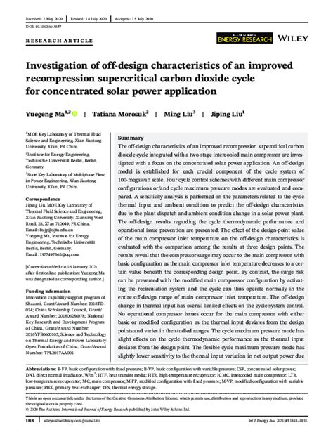 Pdf Investigation Of Off‐design Characteristics Of An Improved Recompression Supercritical