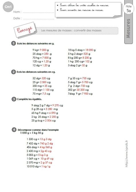 Cm1 Exercices Mesures De Masses Conversion Cm1 Exercices Tables De