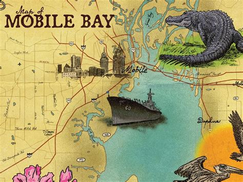 Mobile Bay Map Art Print Vintage Style Alabama Wall Decor Etsy