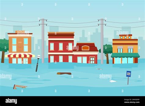 Flood Disaster In Town Flooded Buildings Vector Illustration Stock