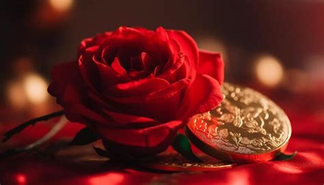 A Red Rose And Gold Heart With A Gold Plate On It Premium Ai