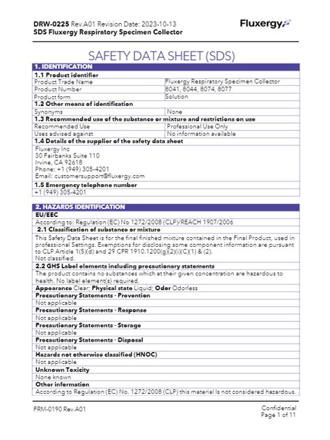 respiratory specimen collector safety data sheet