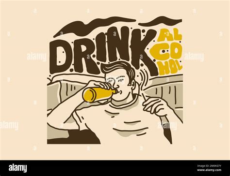 Vintage Art Illustration Drawing Of Man Drinks Alcohol Stock Vector