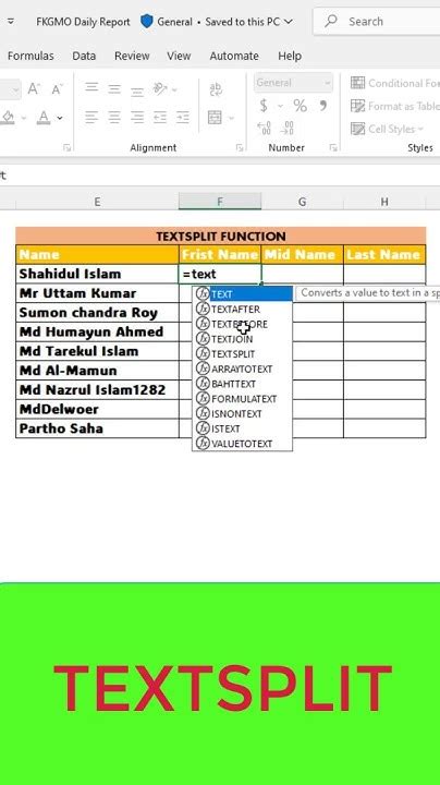 Textsplit Formula In Excel Ytshorts Exceltips Shorts Youtube