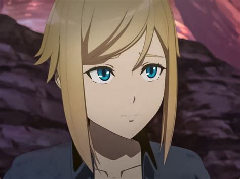 An Anime Character With Blonde Hair And Blue Eyes Looking At The Camera While Standing In Front