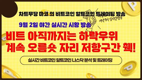 9월 2일 비트코인 실시간방송 비트 중장기적 하락우위 패턴 계속 오름 숏 자리 저항구간 췍 차트무당마코 리플 이더리움 마코 Bitcoin 나스닥 알트코인