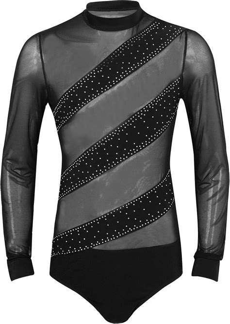Inlzdz Herren Body Langarm Mesh Spleiß Bodysuit Mit Glitzer Strass