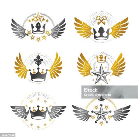 로얄 크라운과 빈티지 별 엠 블 럼 설정합니다 전 령 벡터 디자인 요소 컬렉션입니다 레트로 스타일 레이블 문장 학입니다 공주에 대한 스톡 벡터 아트 및 기타 이미지 Istock