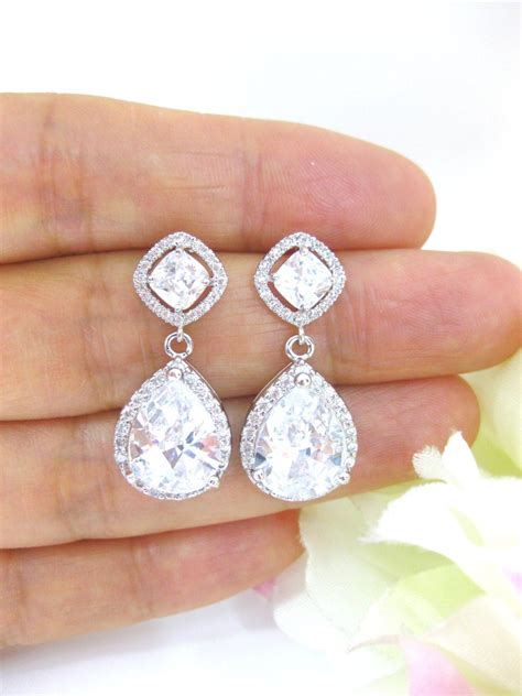 Bridal Cubic Zirconia Teardrop Earrings Wedding Earrings Large Lux