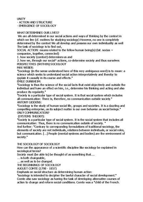 Unity Personality Psychology UNITY ACTION AND STRUCTURE EMERGENCE OF SOCIOLOGY WHAT