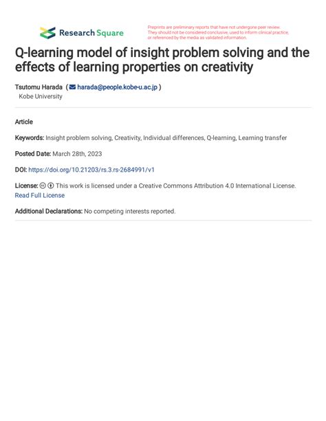 Pdf Q Learning Model Of Insight Problem Solving And The Effects Of