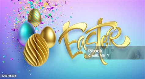 부활절 달걀의 배경에 현대 유행 황금 금속 빛나는 타이포그래피 해피 부활절 전단지 전단지 포스터 및 카드의 디자인을위한 3d