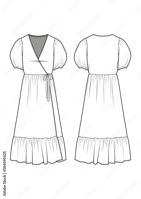 Short Puff Sleeve Wrap Style Maxi Dress Technical Drawing Flat Sketch