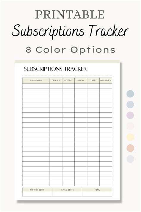Printable Subscriptions Tracker Monthly Annual Etsy Life Binder