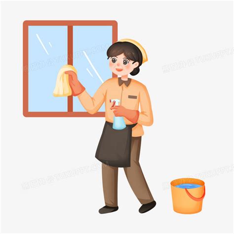 手绘插画保洁阿姨打扫卫生擦窗户免抠png图片素材下载手绘png熊猫办公