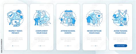 Promoting Self Esteem In Teens Blue Onboarding Mobile App Screen Walkthrough 5 Steps Editable