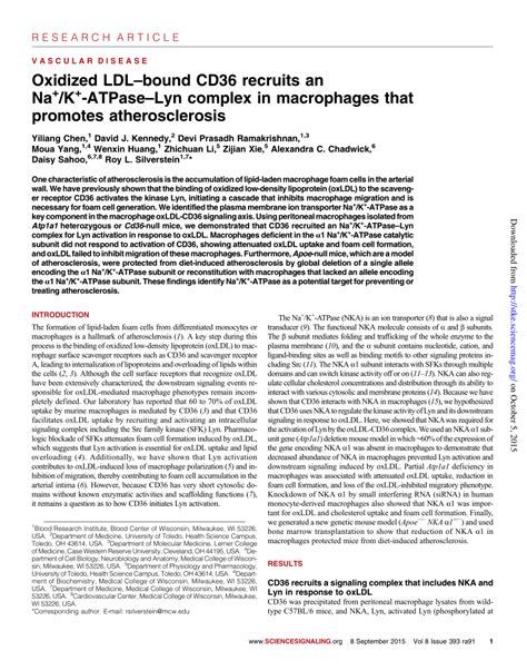 Pdf Oxidized Ldl Bound Cd36 Recruits An Nak Atpase Lyn Complex In