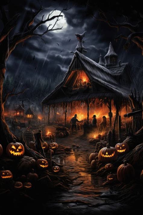 Halloween Background Spooky Scene Creepy Pumpkins On Scary Graveyard