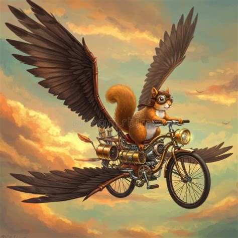 A Squirrel With Goggles Riding A Steampunk Motorcycle With Wings Flying
