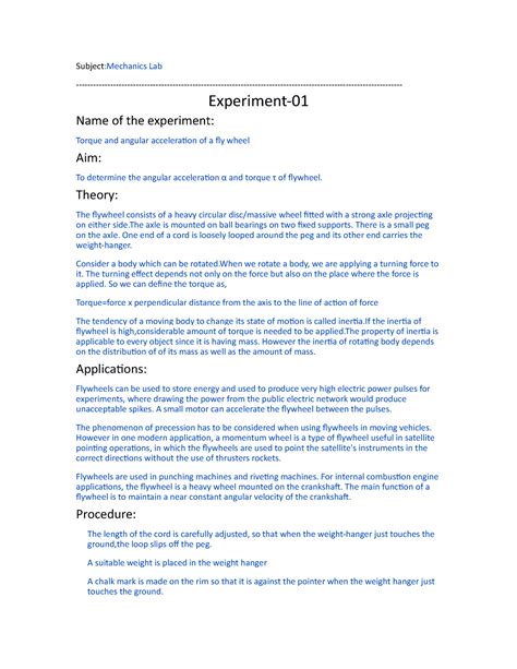 Experiment Torque And Angular Acceleration Of A Fly Wheel Subject