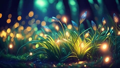 Beautiful Magic Grass And Fairy Lights Close Up Blurred Background