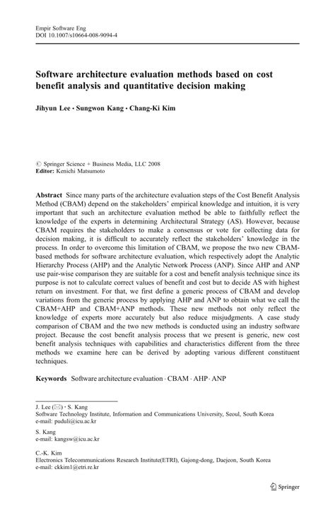 Pdf Software Architecture Evaluation Methods Based On Cost Benefit Analysis And Quantitative