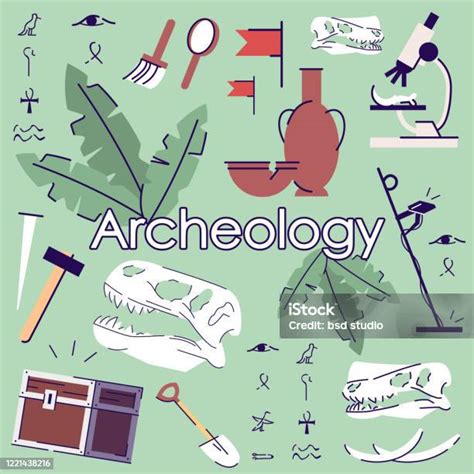 고고학 벡터 웹 배너 벡터 템플릿입니다 고고학 장비 및 유물 만화 색상 아이콘 배경입니다 역사 및 고생물학 분야 연구 플랫 일러스트 세트 공룡에 대한 스톡 벡터 아트 및