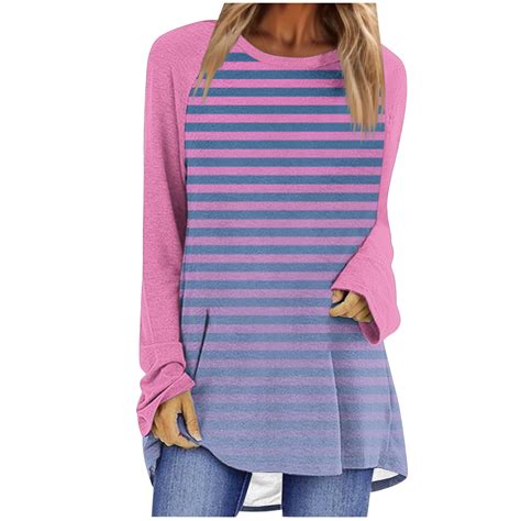 Ameiaea Womens Long Sleeve Tunic Tops Round Neck Striped Casual Blouse
