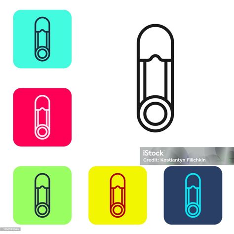 블랙 라인 클래식 폐쇄 강철 안전 핀 아이콘 흰색 배경에 격리 색상 정사각형 단추로 아이콘을 설정합니다 벡터 일러스트레이션 가정 생활에 대한 스톡 벡터 아트 및 기타 이미지