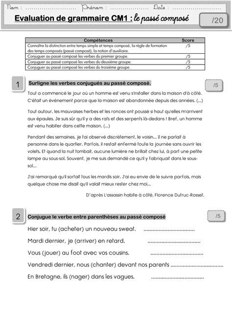 Evaluation De Grammaire Cm1 Le Passé Composé 20 1 2