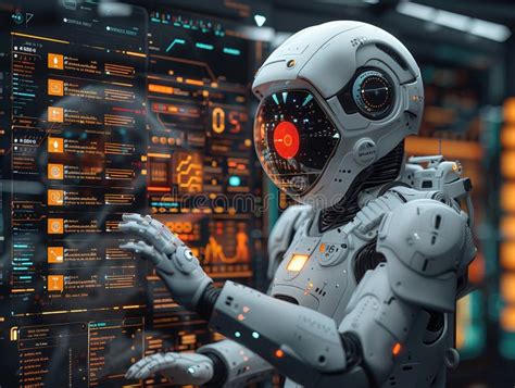 Many Identical Ai Robots Sitting At Desk In The Office And Working With
