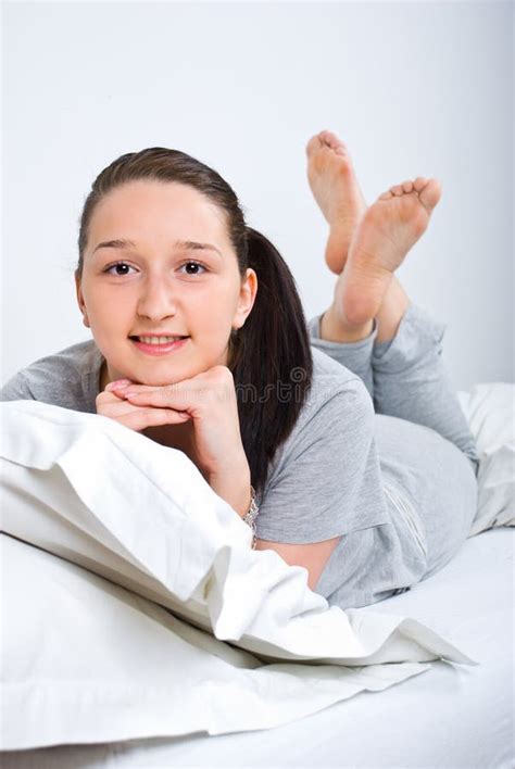 Happy Woman Barefoot Lying Bed Stock Image Image Of Bedroom