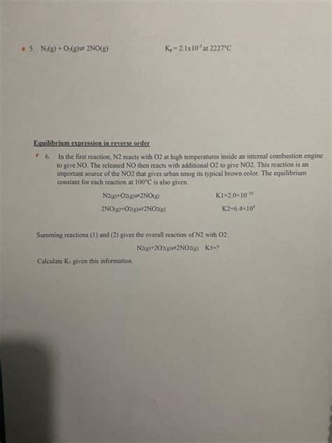 Solved 5 N2 G O2 G ⇌2no G Kp 2 1×10−3 At 2227∘c