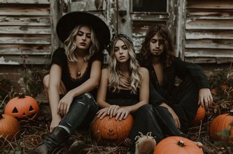 Two Girls And Guy With Halloween Decorations Premium Ai Generated Image