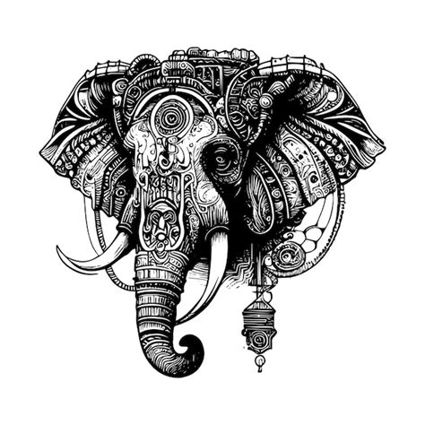 Mammoet Olifant Steampunk Hand Getekende Illustratie Premium Vector