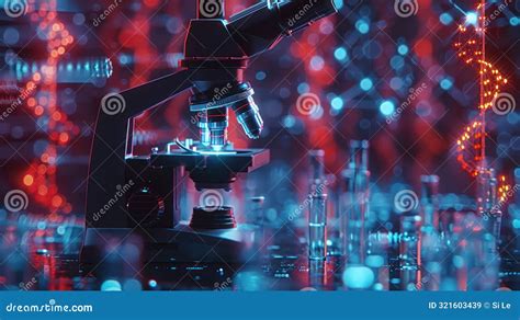 Medical Research With Chemistry Microscope And Testing Tubes For Dna