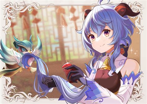 Safebooru 1girl Ahoge Bangs Bare Shoulders Bell Black Gloves Blue