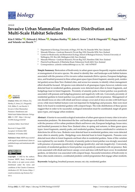 Pdf Invasive Urban Mammalian Predators Distribution And Multi Scale Habitat Selection