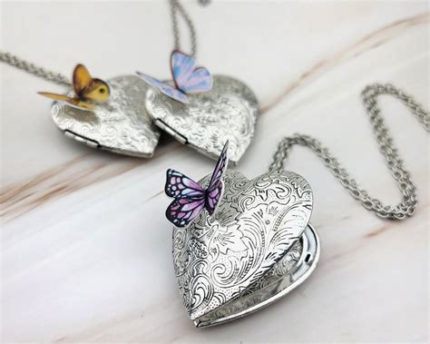 Silver Heart Locket Necklace Silver Butterfly Necklace Long Antique