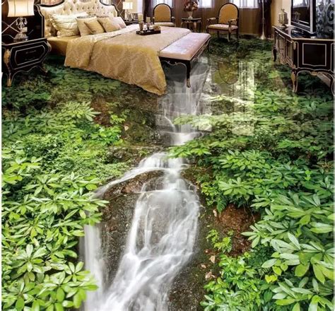 Custom D Floor Waterfall Green Waterproof Wallpaper For Bathroom D Floor Murals Self Adhesive